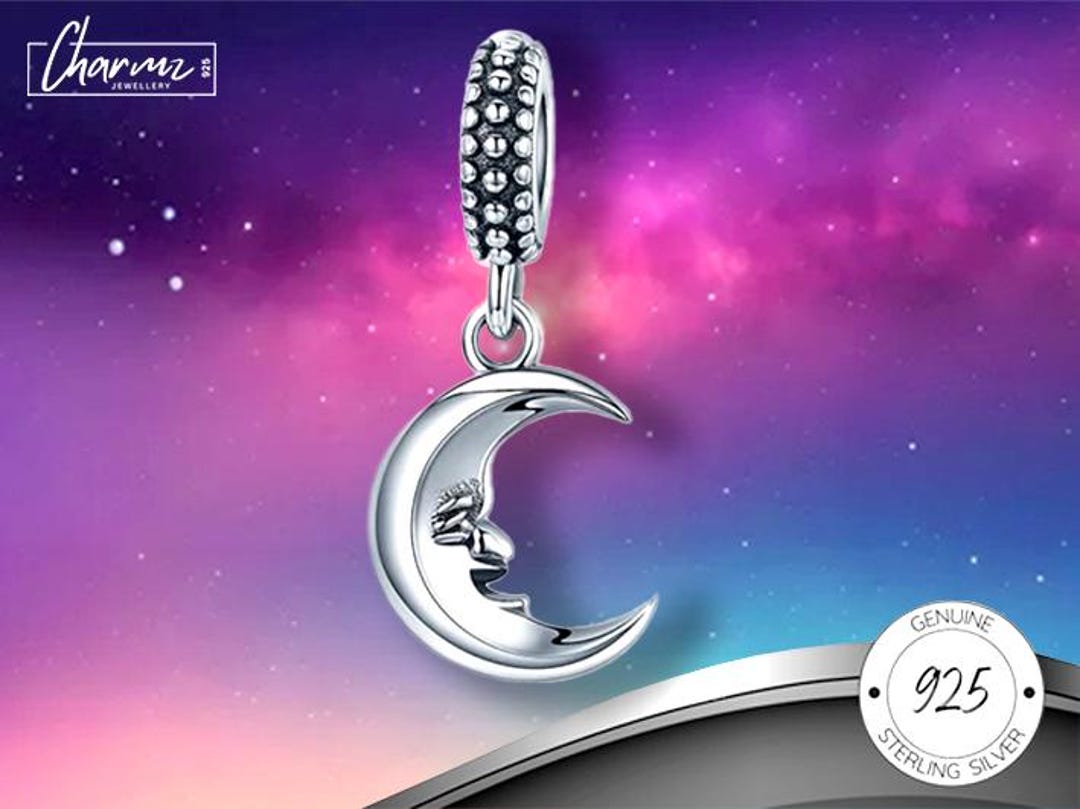 925 Silver Crescent Moon Dangle Charm, Moon Bracelet Charm, Moon Face ...