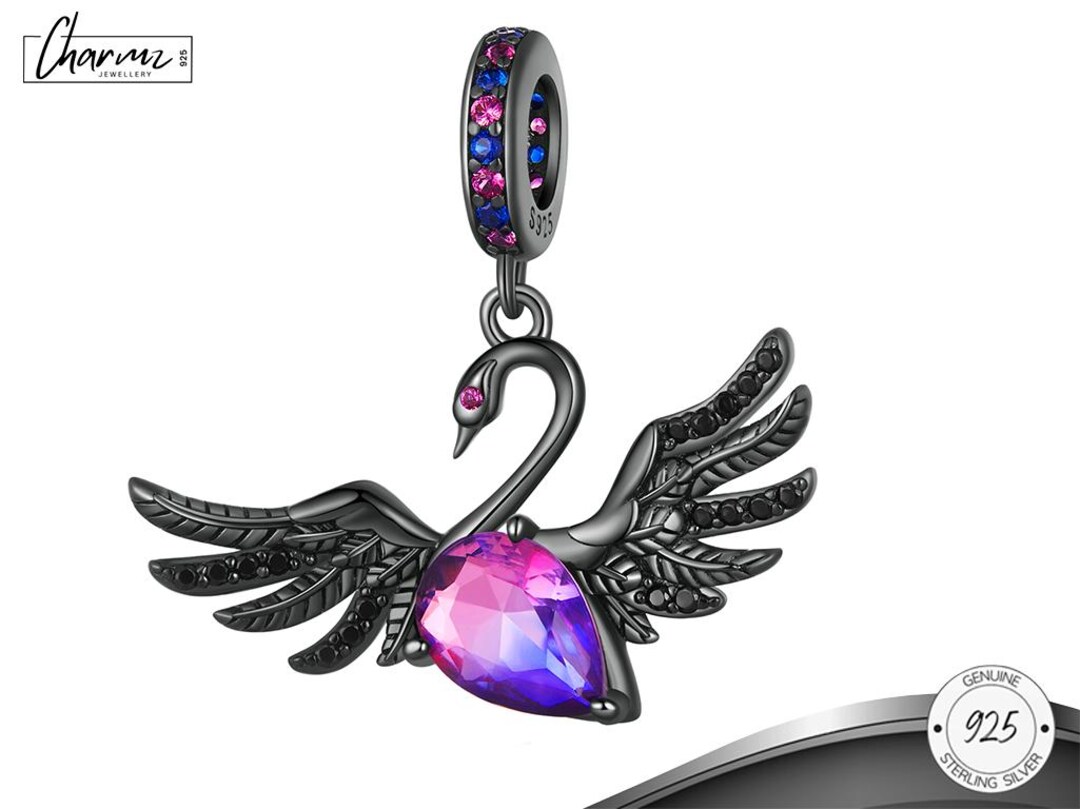 925S Black Swan Dangle Charm, Gothic Swan Bracelet Charm, Pink Amethyst ...