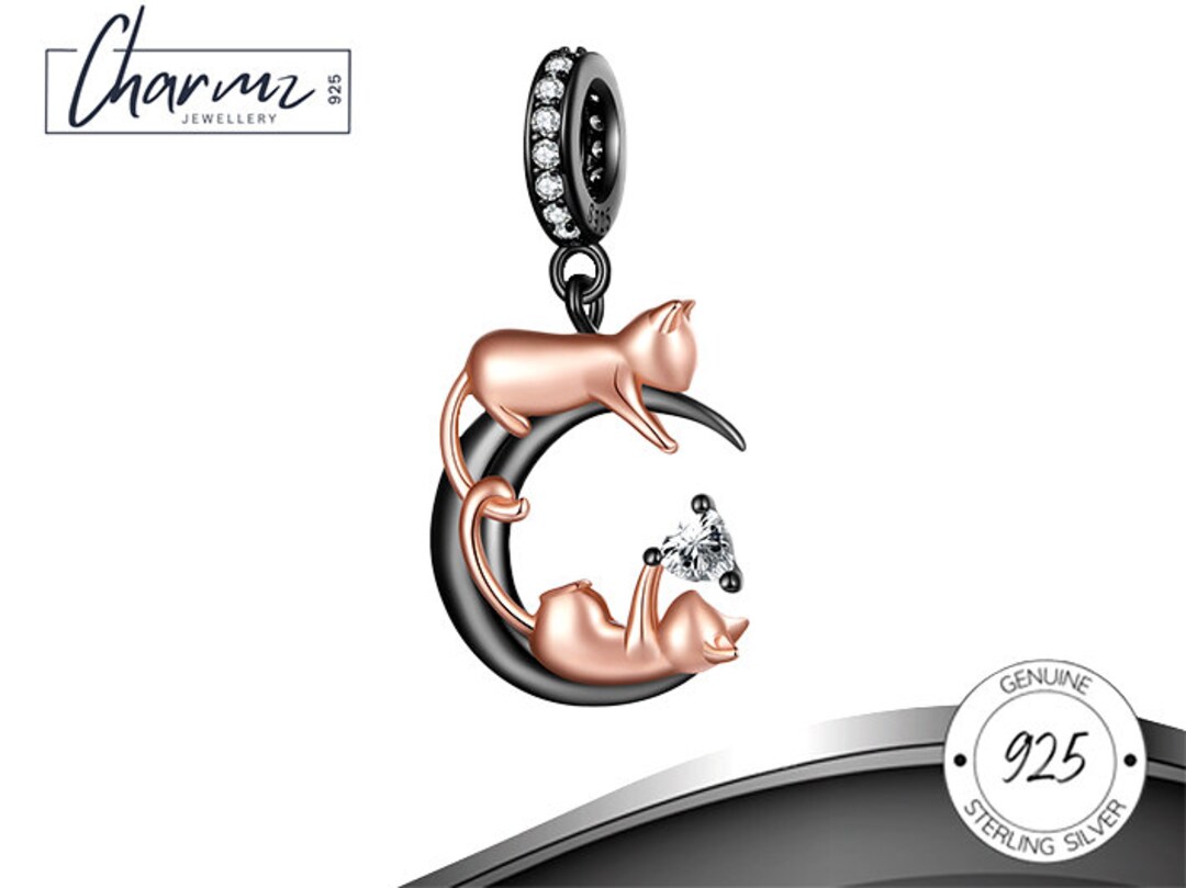 925 Silver Kitten and Moon Dangle Charm, Playful Cats Bracelet Charm ...