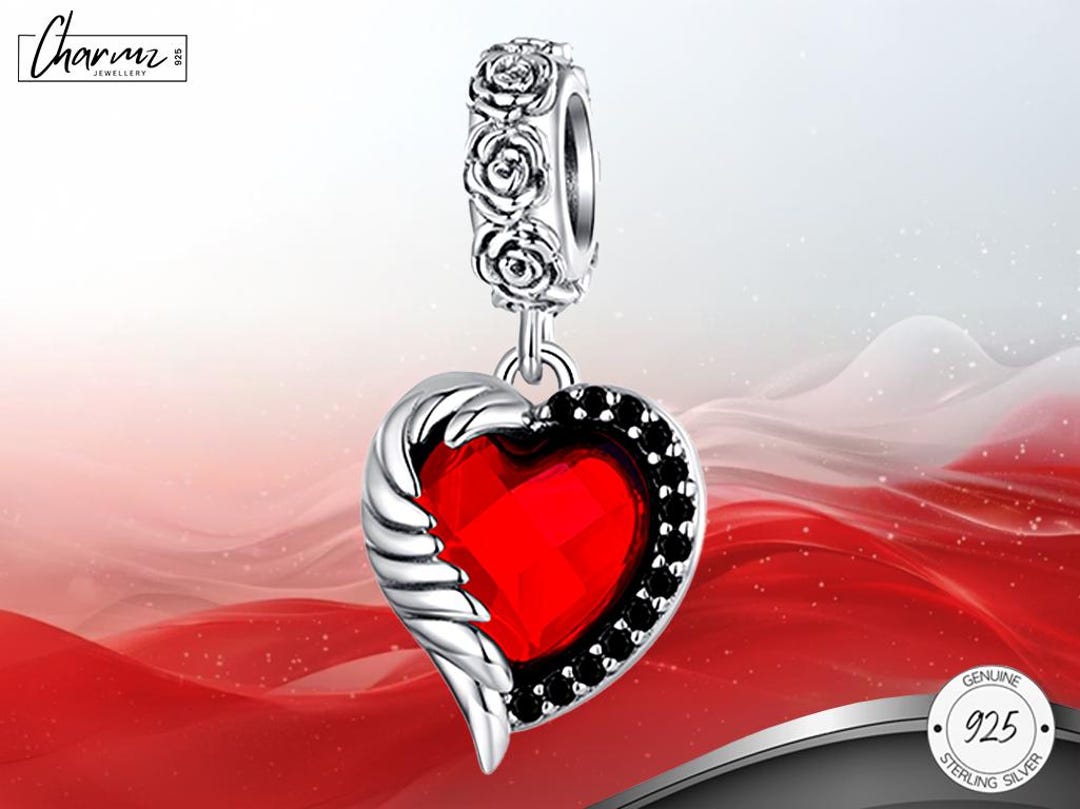 925S Angel Wings Heart Charm, Punk and Rocker Pendant, Rock and Roll ...