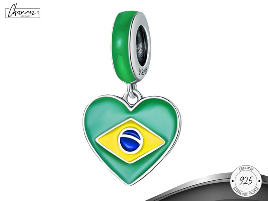 925 Silver Brazil Flag Dangle Charm, Heart I Love Brazil Bracelet Charm ...