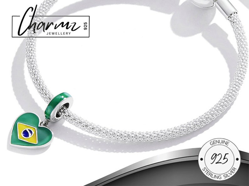 925 Silver Brazil Flag Dangle Charm, Heart I Love Brazil Bracelet Charm ...