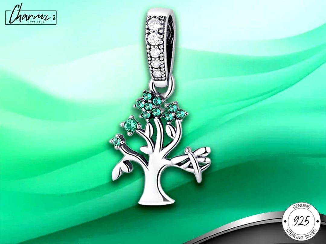 925 Silver Tree of Life Dangle Charm, Dragonfly Tree Bracelet Charm ...