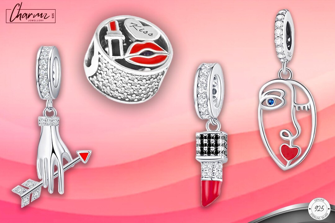 925 Silver Red Lips Dangle Charm, Red Lipstick Kiss Bracelet Charm ...