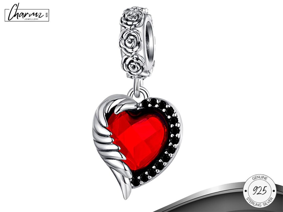 925 Silver Hells Angel Heart Charm, Red Heart Angel Wing Dangle Charm ...