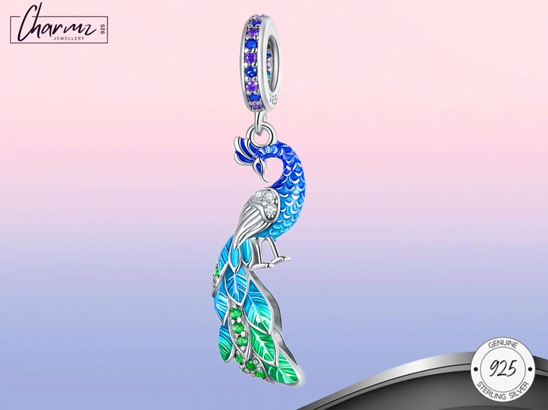 925 Silver Peacock Dangle Charm, Peafowl Bird Bracelet Charm, India ...