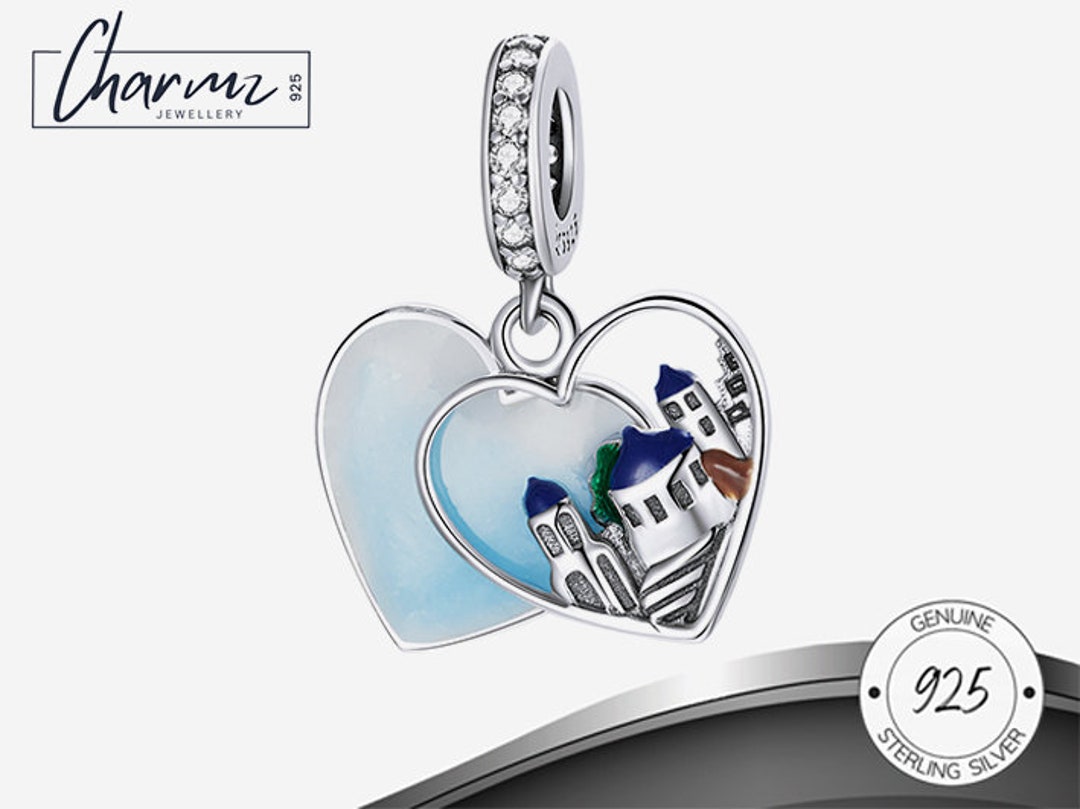 925 Silver Santorini Greece Heart Dangle Charm, Greek Islands Jewellery ...