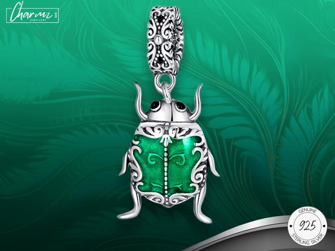 925S Eygptian Beetle Dangle Charm, Emerald Green Filigree Beetle, Art ...