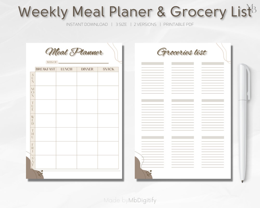 Weekly Meal & Grocery List Planner Instant Download - Etsy