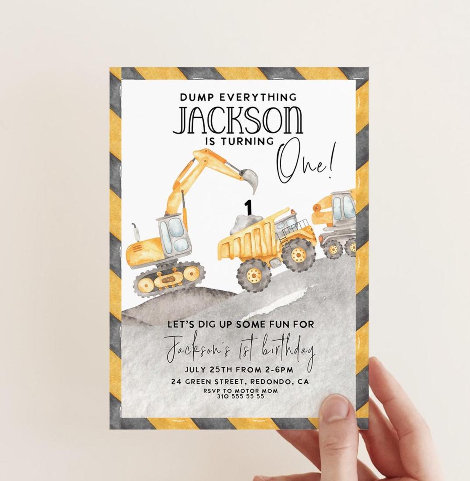 Construction Birthday Invitation: Digger Truck Party, Editable Template ...