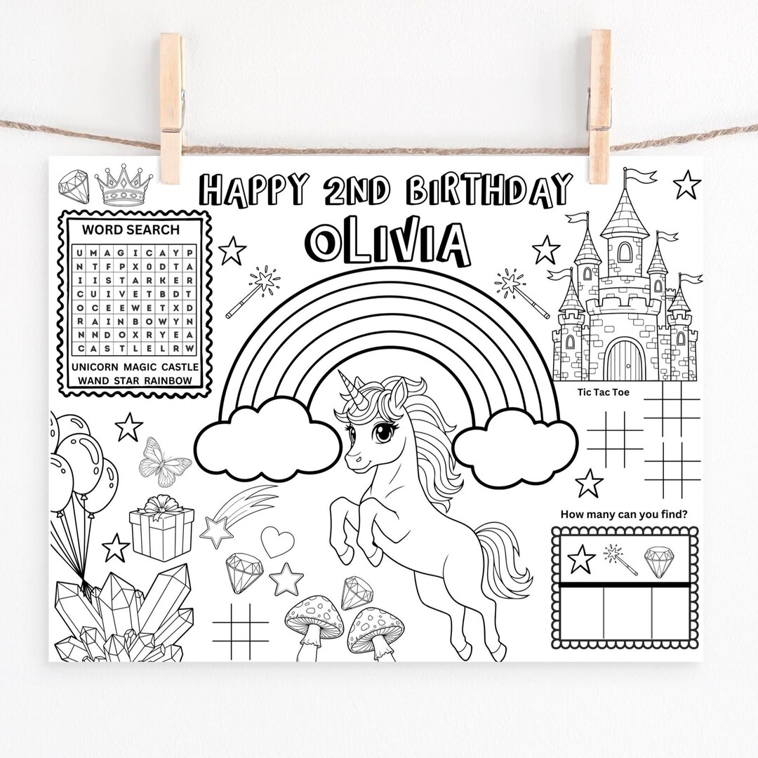 Printable Unicorn Coloring Sheet Birthday Activity Page: Rainbow ...