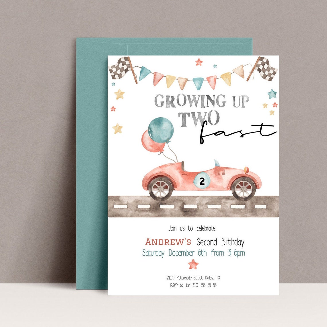 Growing up TWO Fast Birthday Invitation Boy Birthday Race - Etsy