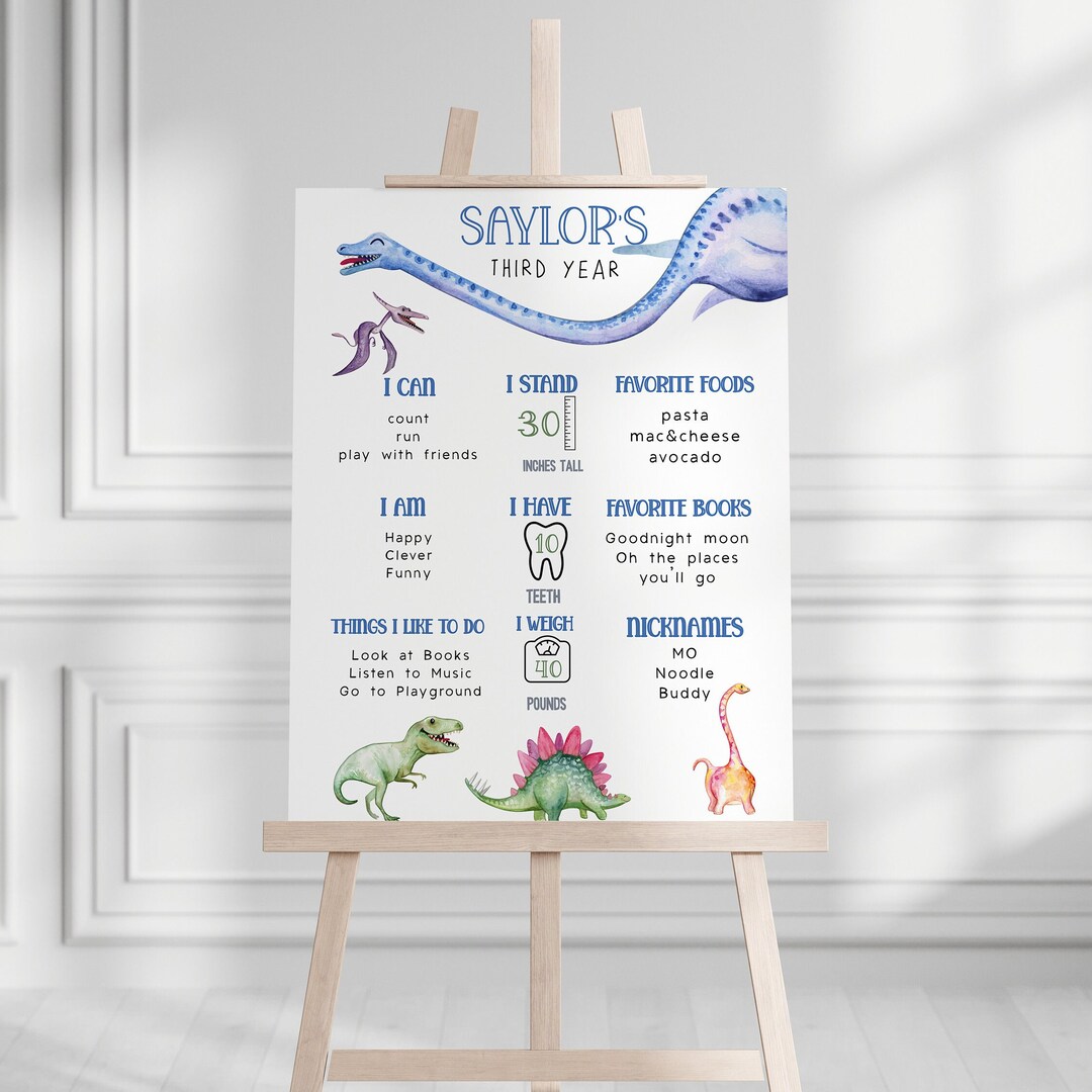 Dinosaur Birthday Milestone Sign Dino Stats Board Dinosaur Party Invite ...
