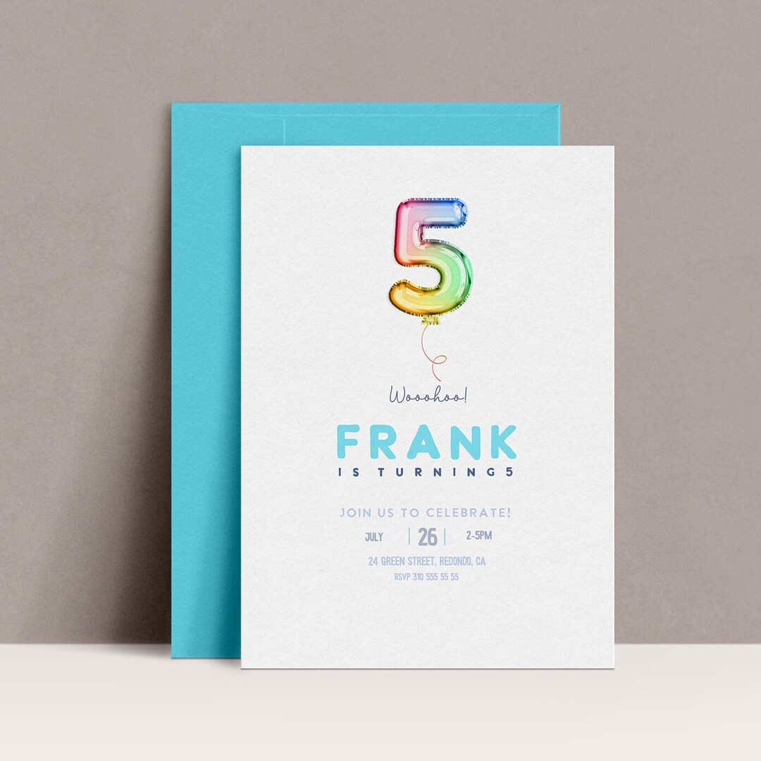 5th Birthday Balloon Invitation, Rainbow Balloon Party, Girl or Boy ...