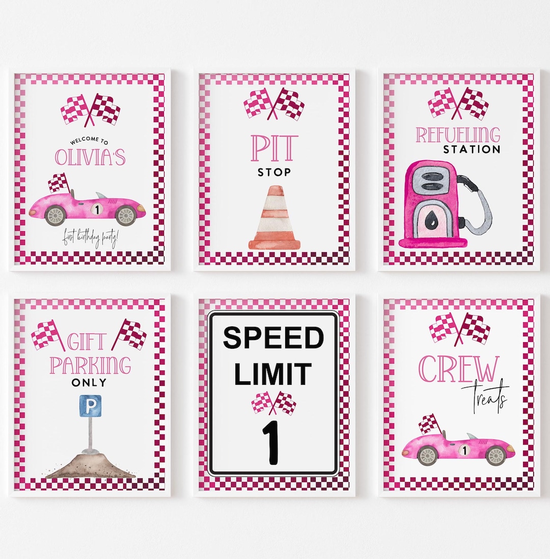 Pink Race Car Party Signs, Any Age, Race Car Party Decor, Pink Racer ...