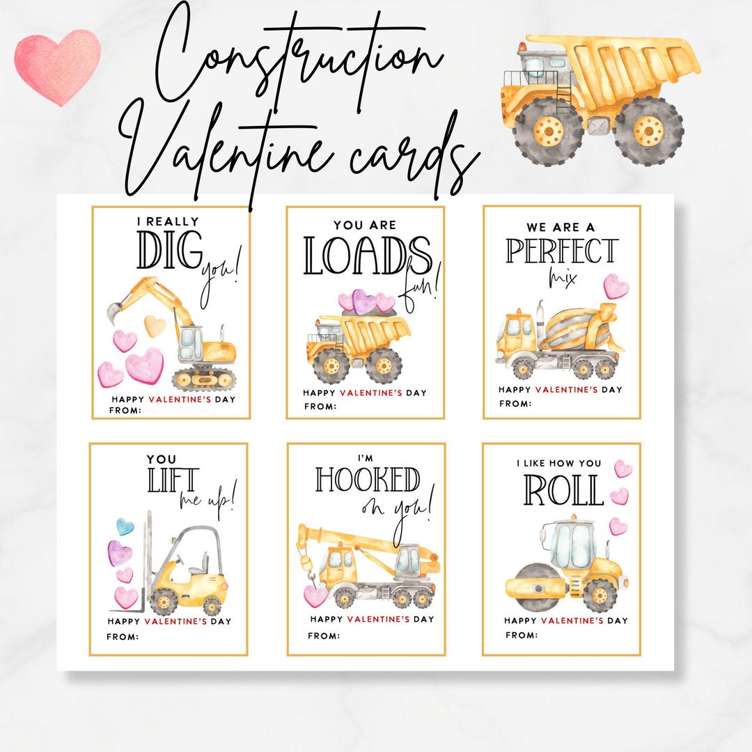 Printable Construction Valentine's Day Cards, Kids Classroom Valentine ...