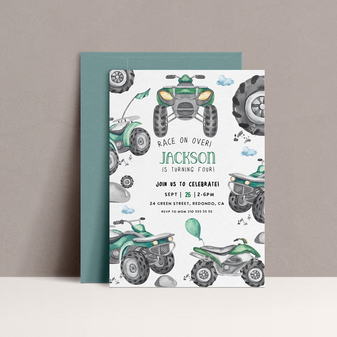Quad Birthday Invitation Green 4 Wheeler Invite ATV Bike Birthday, Any ...