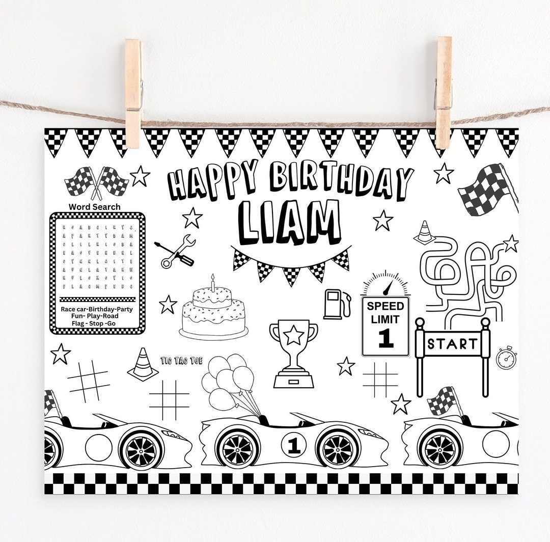 Personalized Race Car Birthday Coloring Page: Activity Mat (digital ...