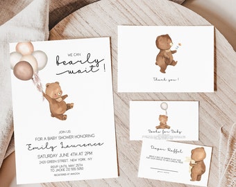 Editable We Can Bearly Wait Baby Shower Invitation, Gender Neutral Bear Balloon Baby Shower ...