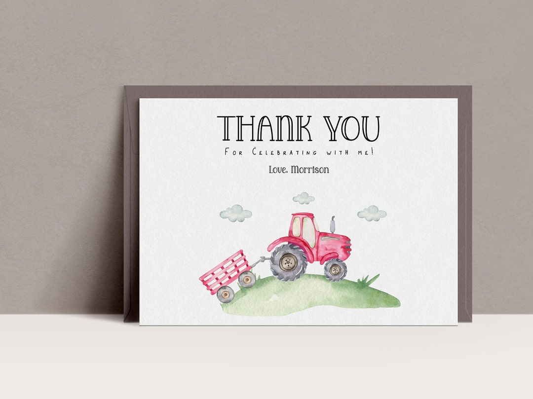 Red Tractor Birthday Thank You Card, Tractor Thank You Tag, Green ...