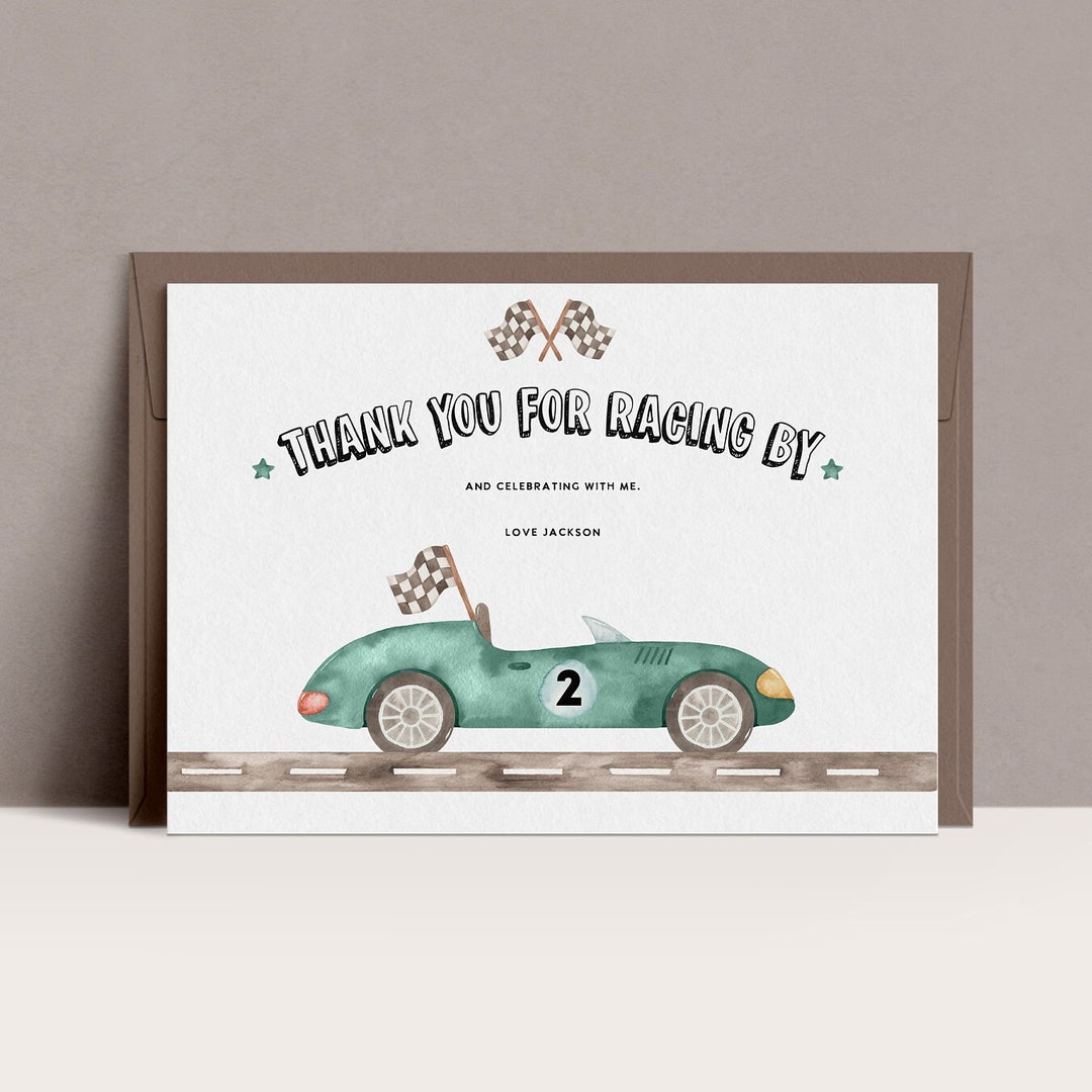 Race Car Birthday Thank You Card, Two Fast, Two Curious, Thank You Note ...