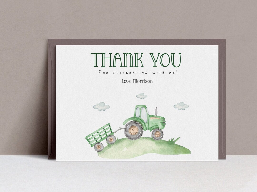 Green Tractor Birthday Thank You Card, Tractor Thank You Tag, Green ...