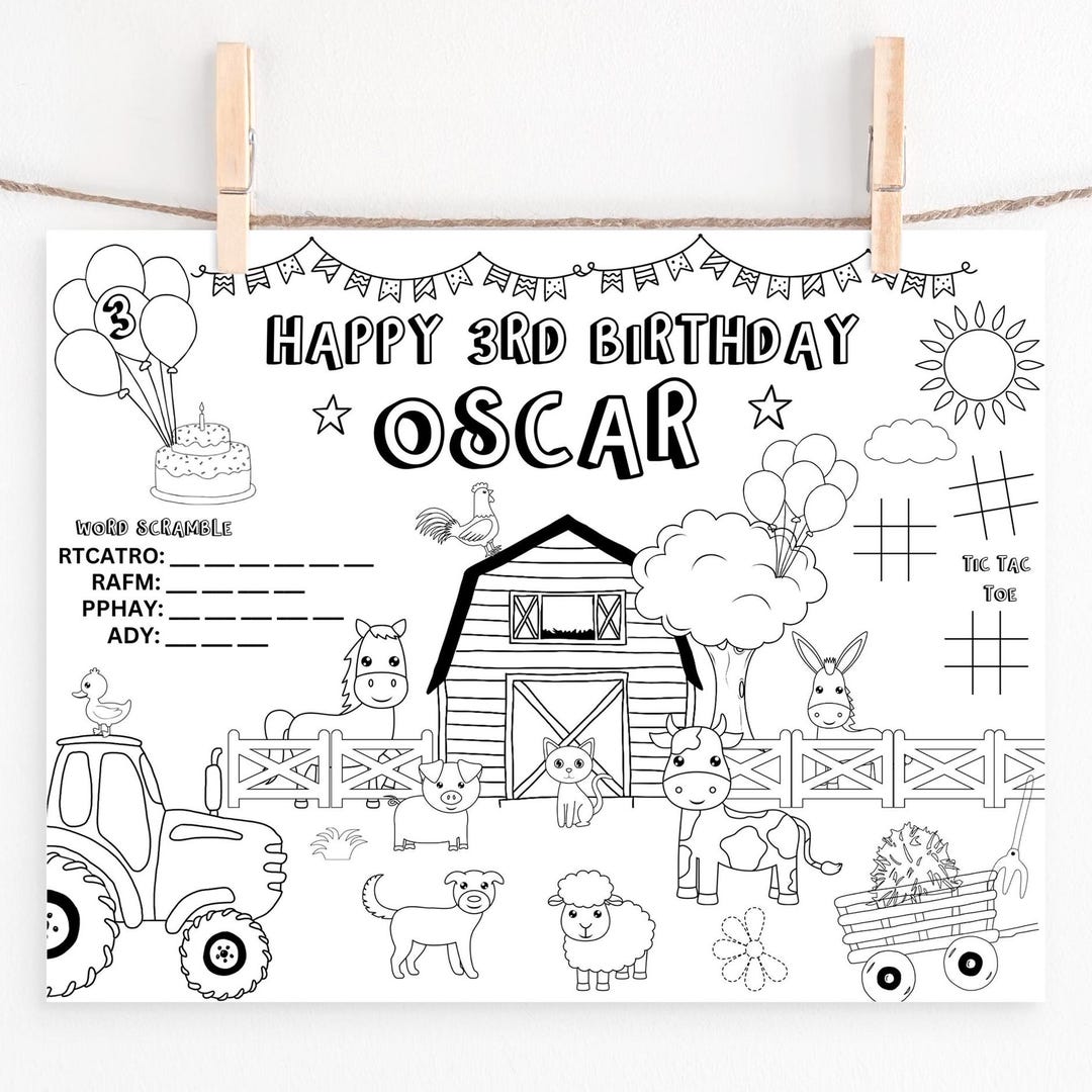 Buy Personalized Farm Birthday Coloring Page: Animal Activity Mat (PDF ...