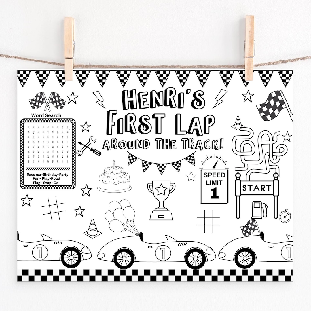 First Lap Race Car Birthday Coloring Page: Personalized Activity Mat ...