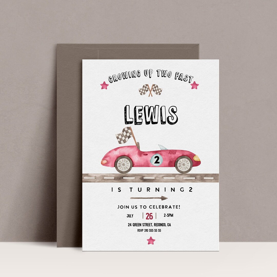 Race Car Birthday Invitation, Growing up TWO Fast, Red Race Car, Modern ...