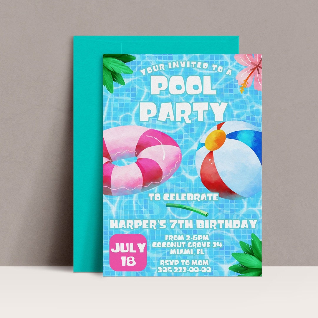 Editable Summer Pool Party Invitation, Pool Birthday Party, Summer ...