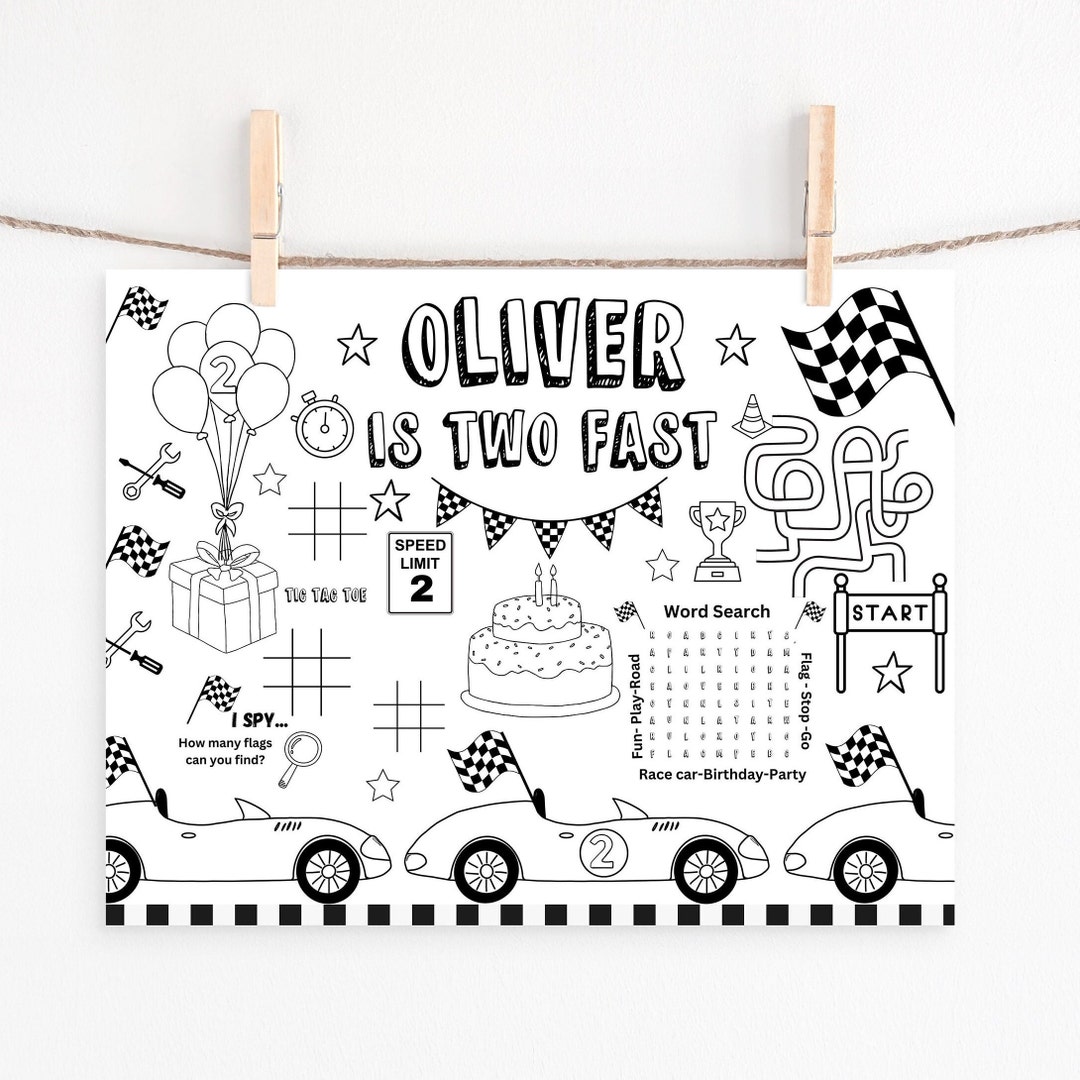 TWO FAST Race Car Birthday Activity Coloring Page, Race Car Coloring ...
