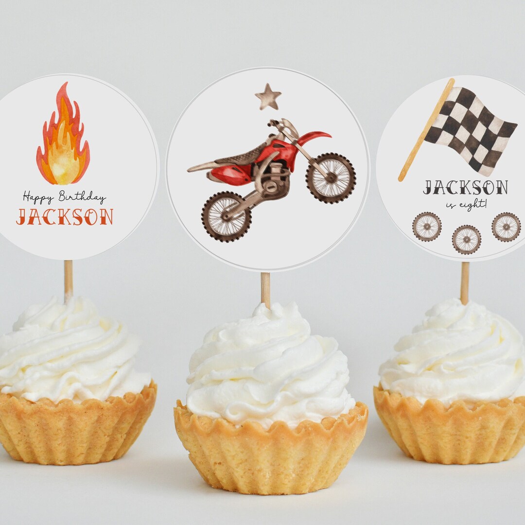 Dirt Bike Cupcake Toppers, Any Age, Start Your Engine, Motorcycle ...