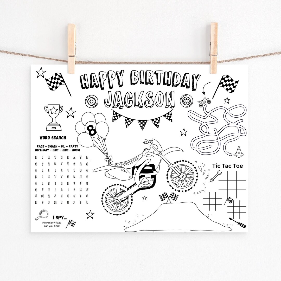 Dirt Bike Birthday Activity Placemat, Any Age, Coloring Placemat, Race ...