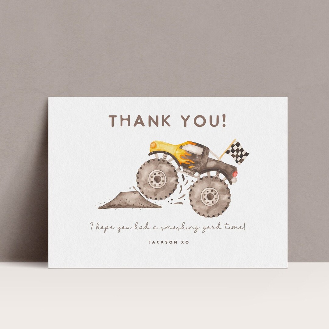 Monster Truck Birthday Thank You Card, Birthday Thank You Monster Truck ...