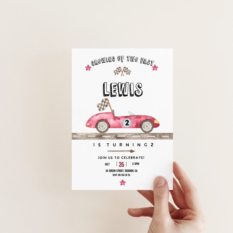 Race Car Birthday Invitation Growing up TWO Fast Modern Boy - Etsy