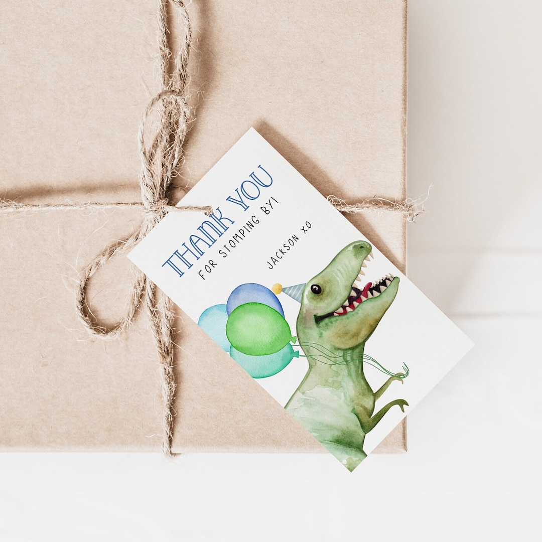 Dino Four Birthday Thank You Tag, Dino Gift Tags, Dinosaur Favor Tags ...