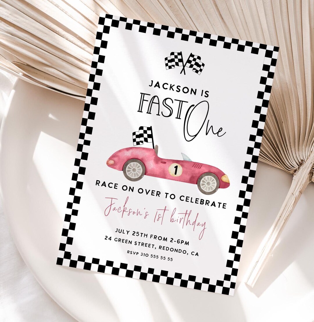 Editable FAST ONE Race Car Birthday Invitation, Red Race Car Birthday ...