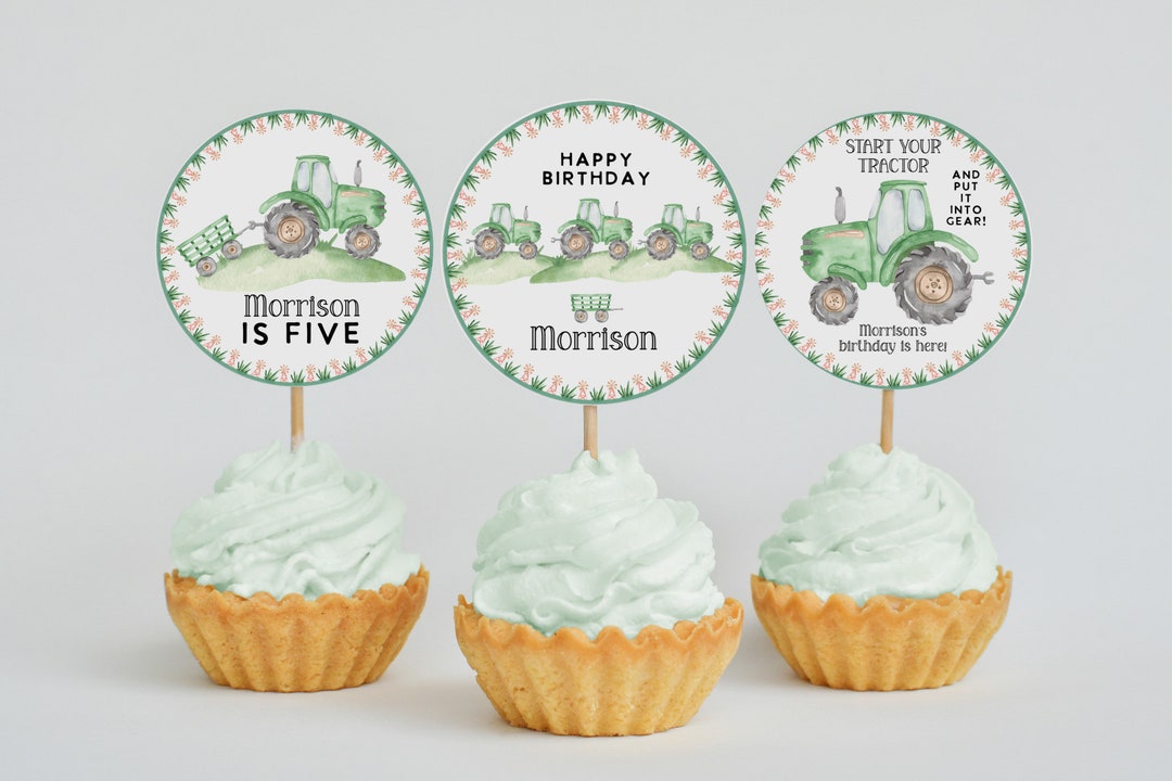 Tractor Birthday Cupcake Toppers,green Tractor Invitation, Boy 1st ...