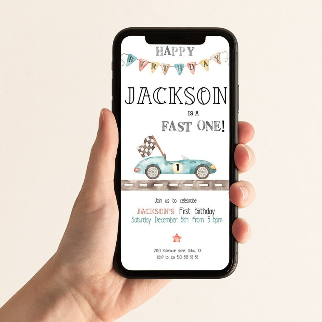 Fast One Birthday Invitation, Evite, Electronic Invite, Race Car ...