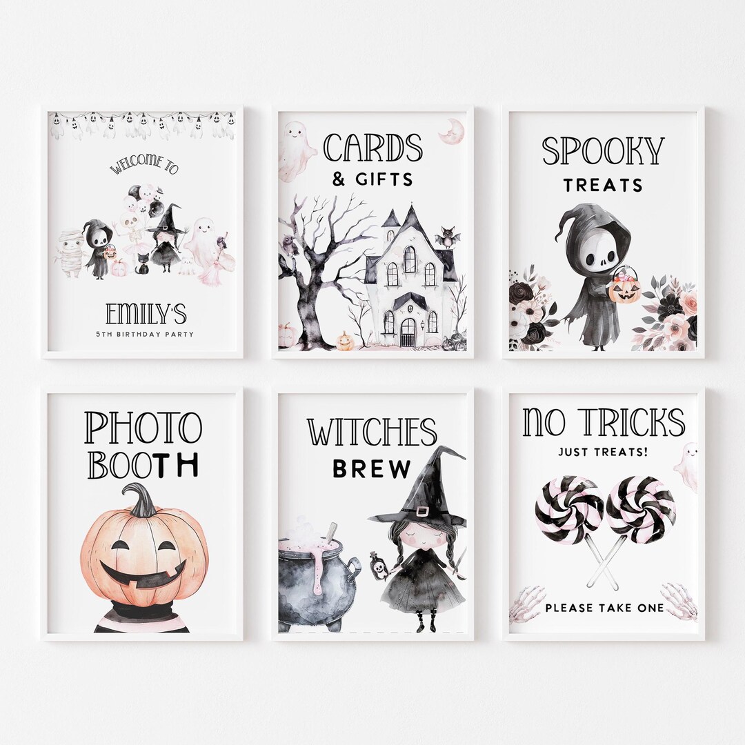 Editable Pink Halloween Birthday Party Signs, Pastel Halloween Signs ...
