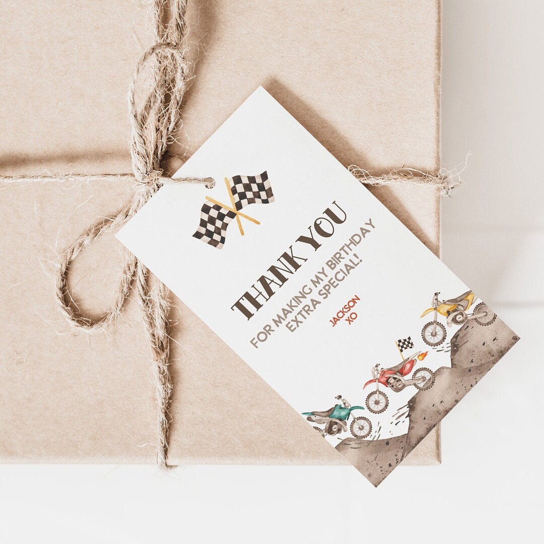 Dirt Bike Birthday Thank You Tag, Any Age, Race on Over, Motorcycle ...
