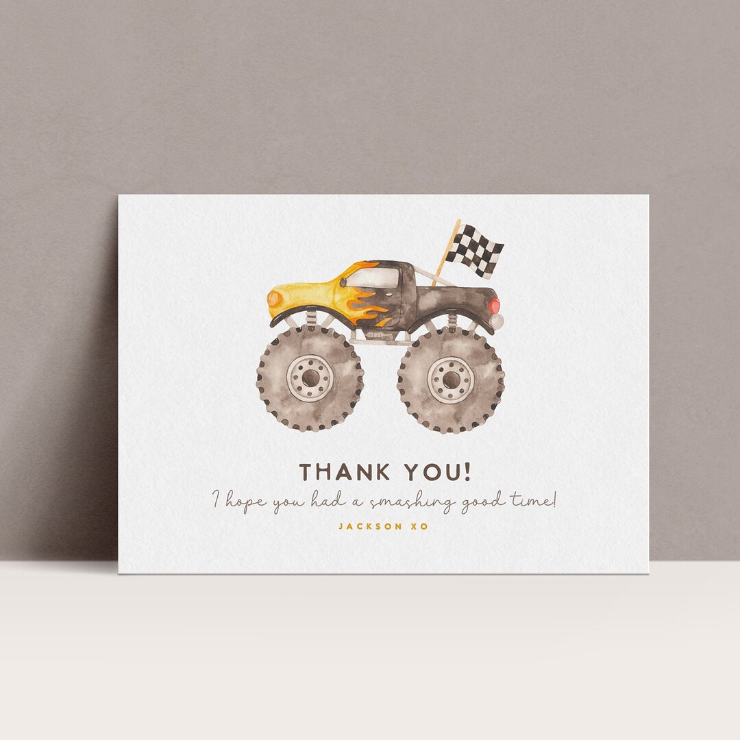 Monster Truck Birthday Thank You Card, Birthday Thank You Monster Truck ...