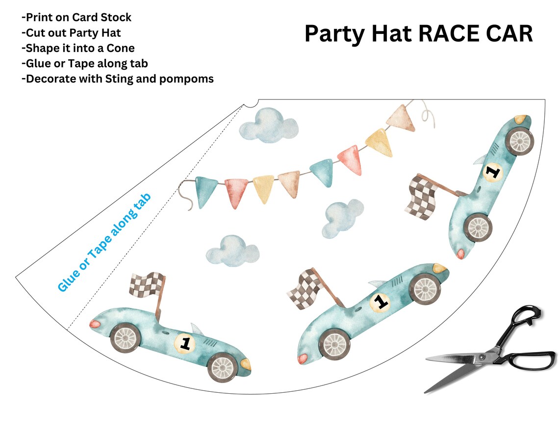 Race Car Birthday Party Hat: Blue Watercolor Design (digital Download ...
