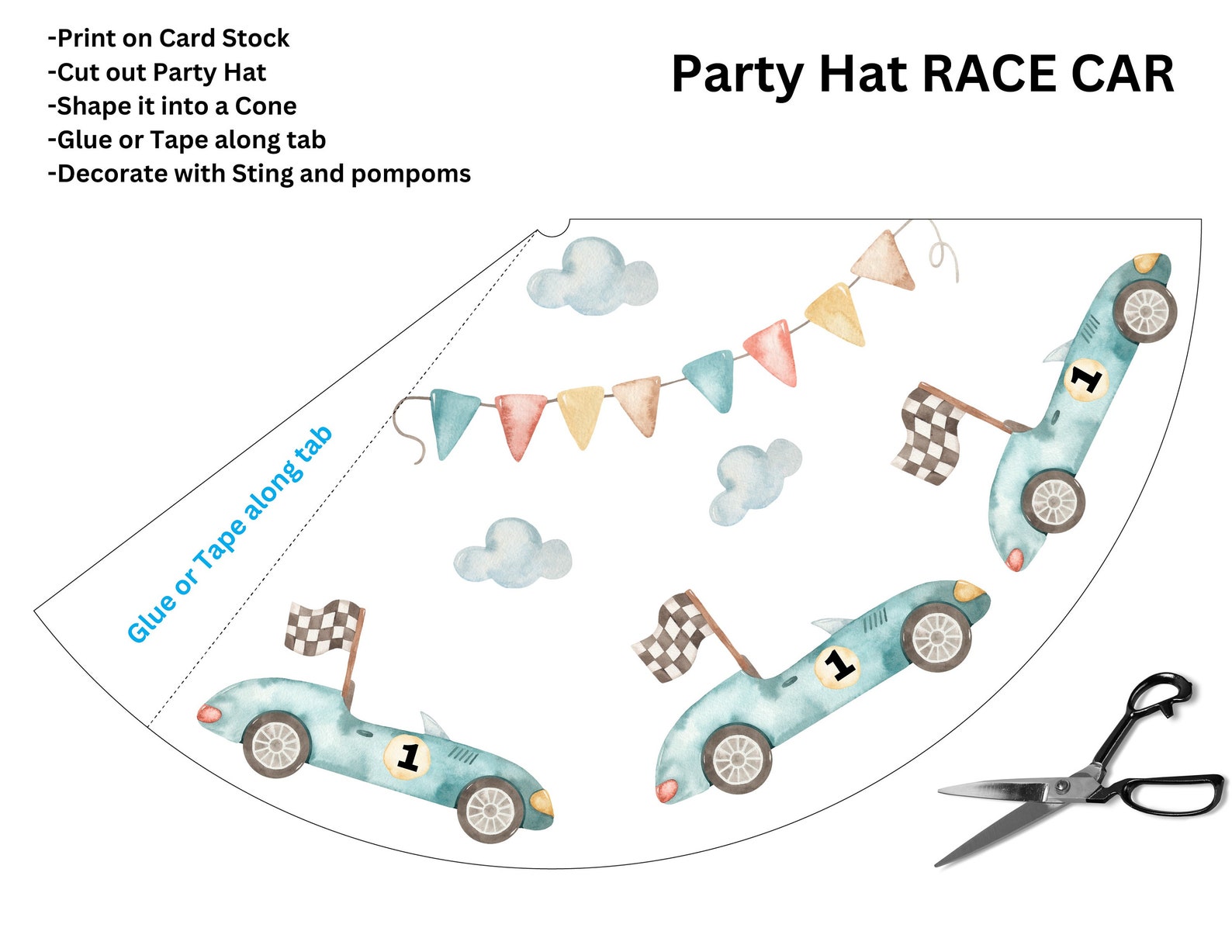 Race Car Birthday Party Hat: Blue Watercolor Design (digital Download ...