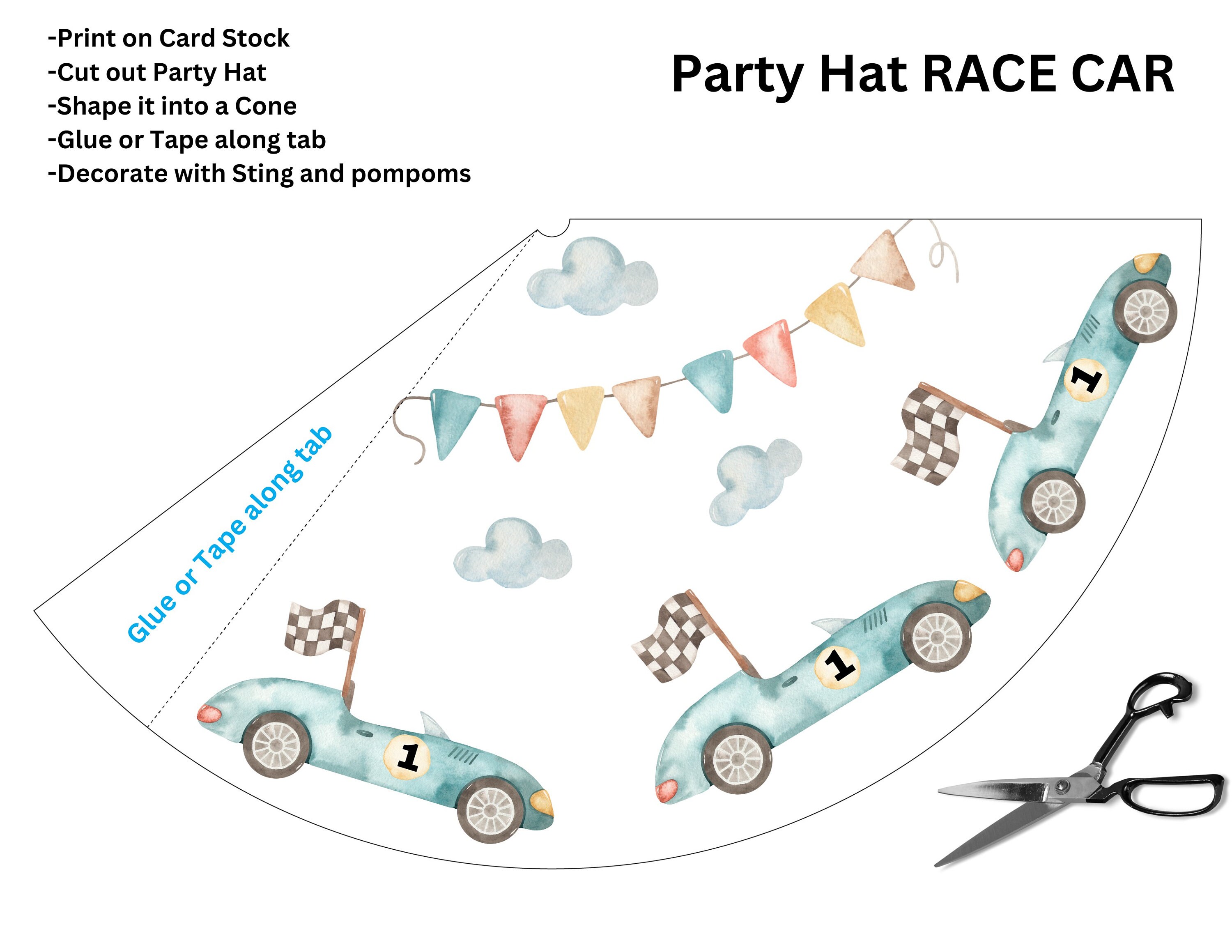 Race Car Birthday Party Hat: Blue Watercolor Design (digital Download ...