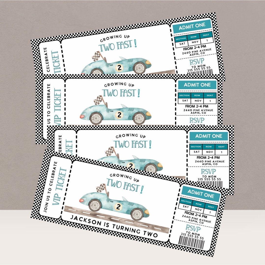 Race Car Birthday Invitation TWO FAST Birthday Race Car Ticket Invite ...