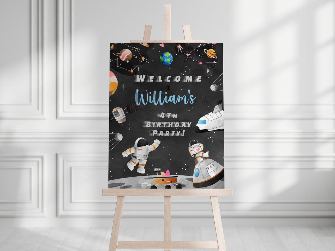 Editable Outer Space Welcome Poster Astronaut Birthday Party Galaxy ...