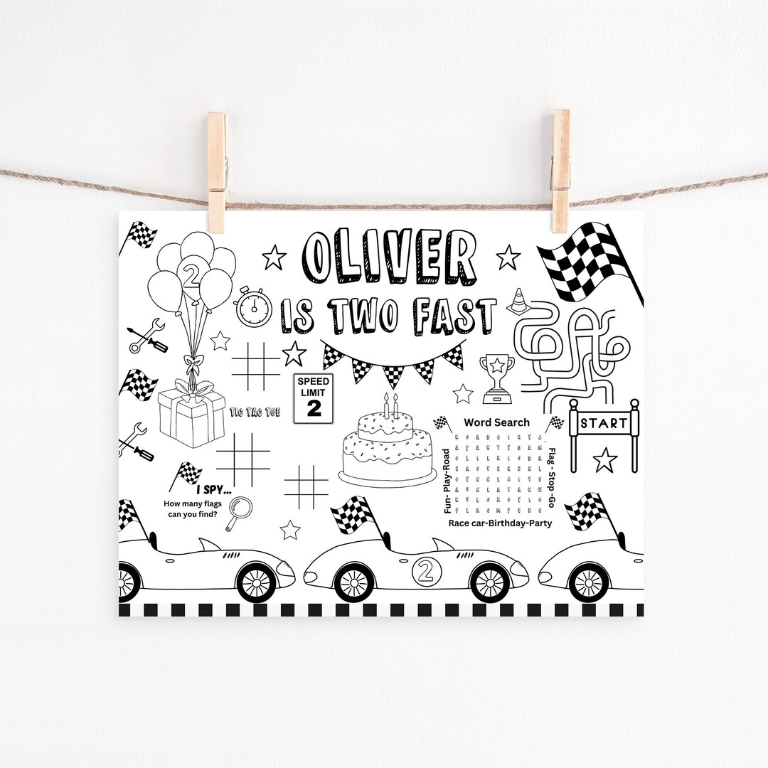 TWO FAST Race Car Birthday Activity Coloring Mat, Race Car Placemat ...