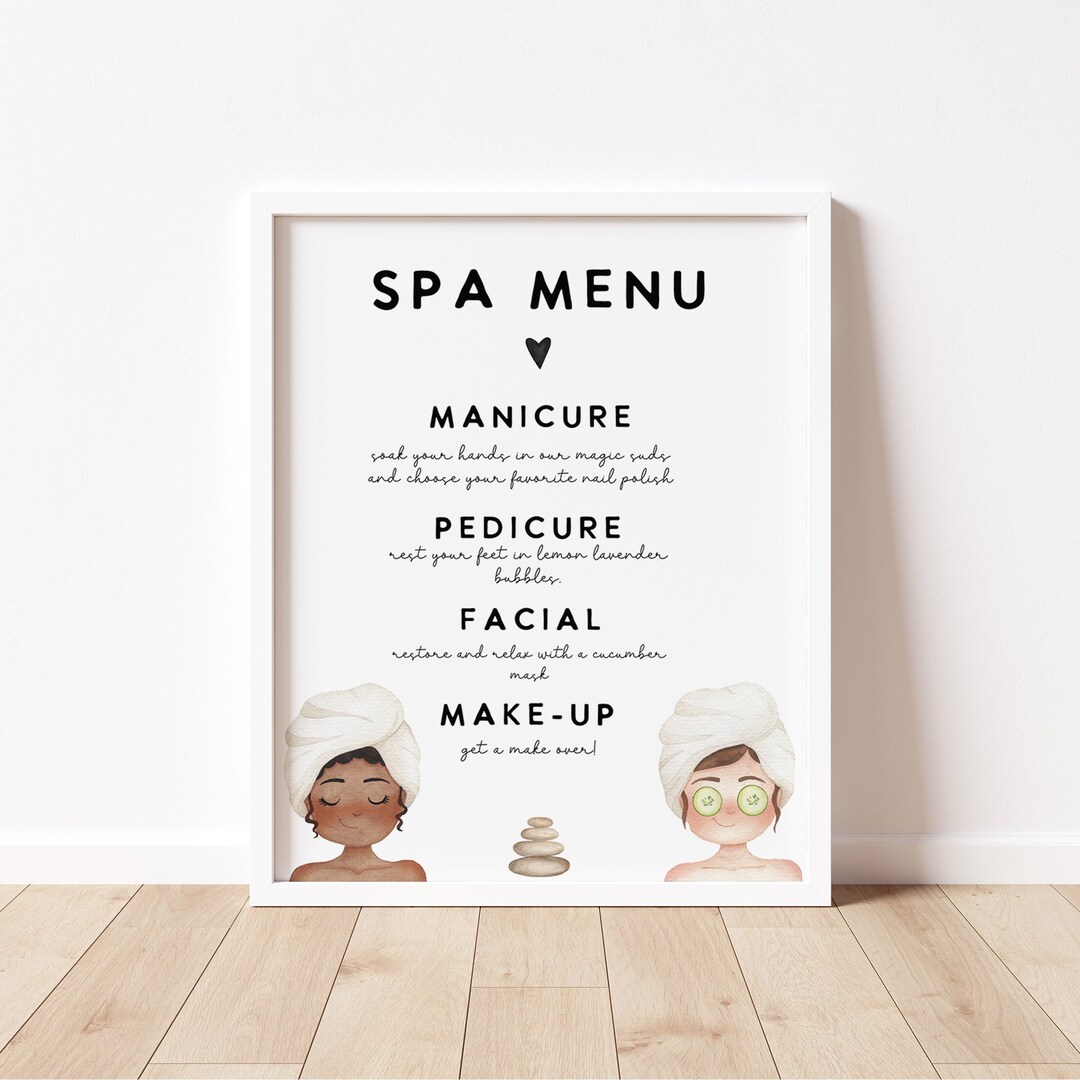 Spa Party Sign, Spa Menu, Girl Birthday Slumber Party, Spa Birthday ...