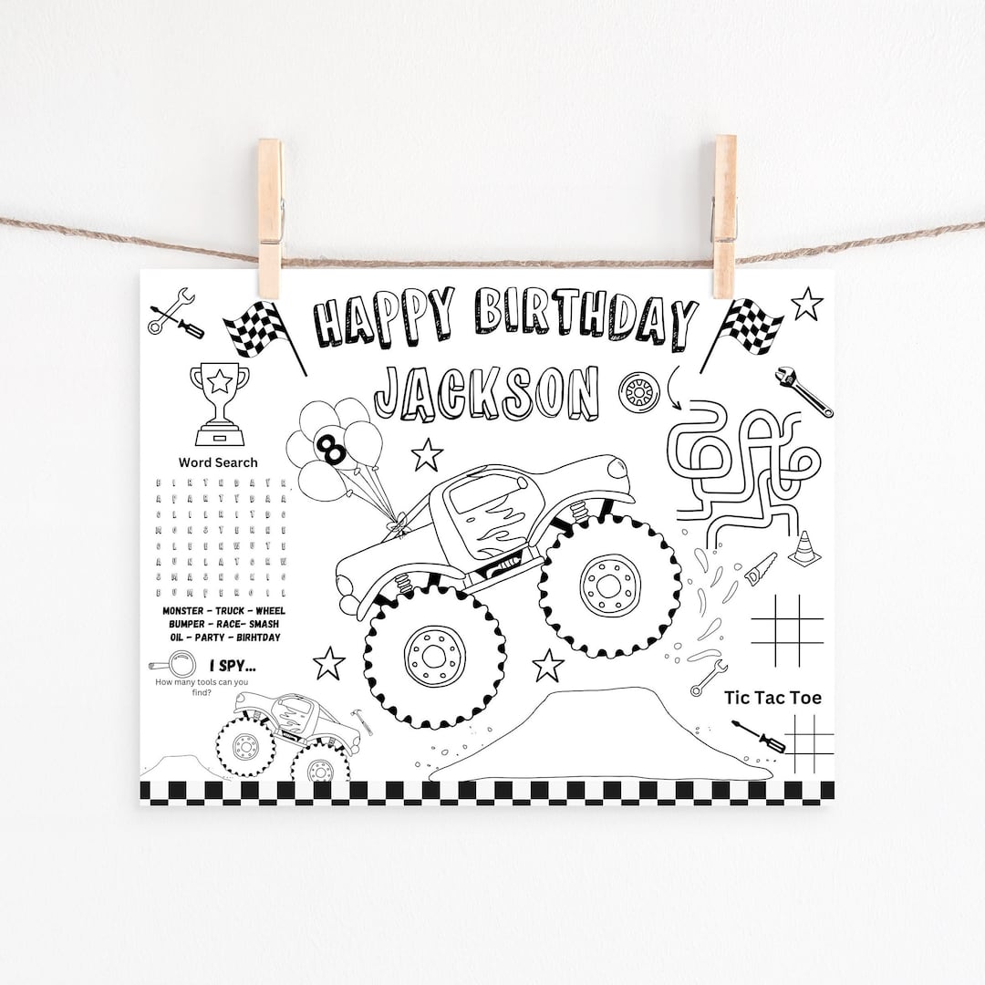 Monster Truck Birthday Activity Placemat, Any Age, Monster Truck ...